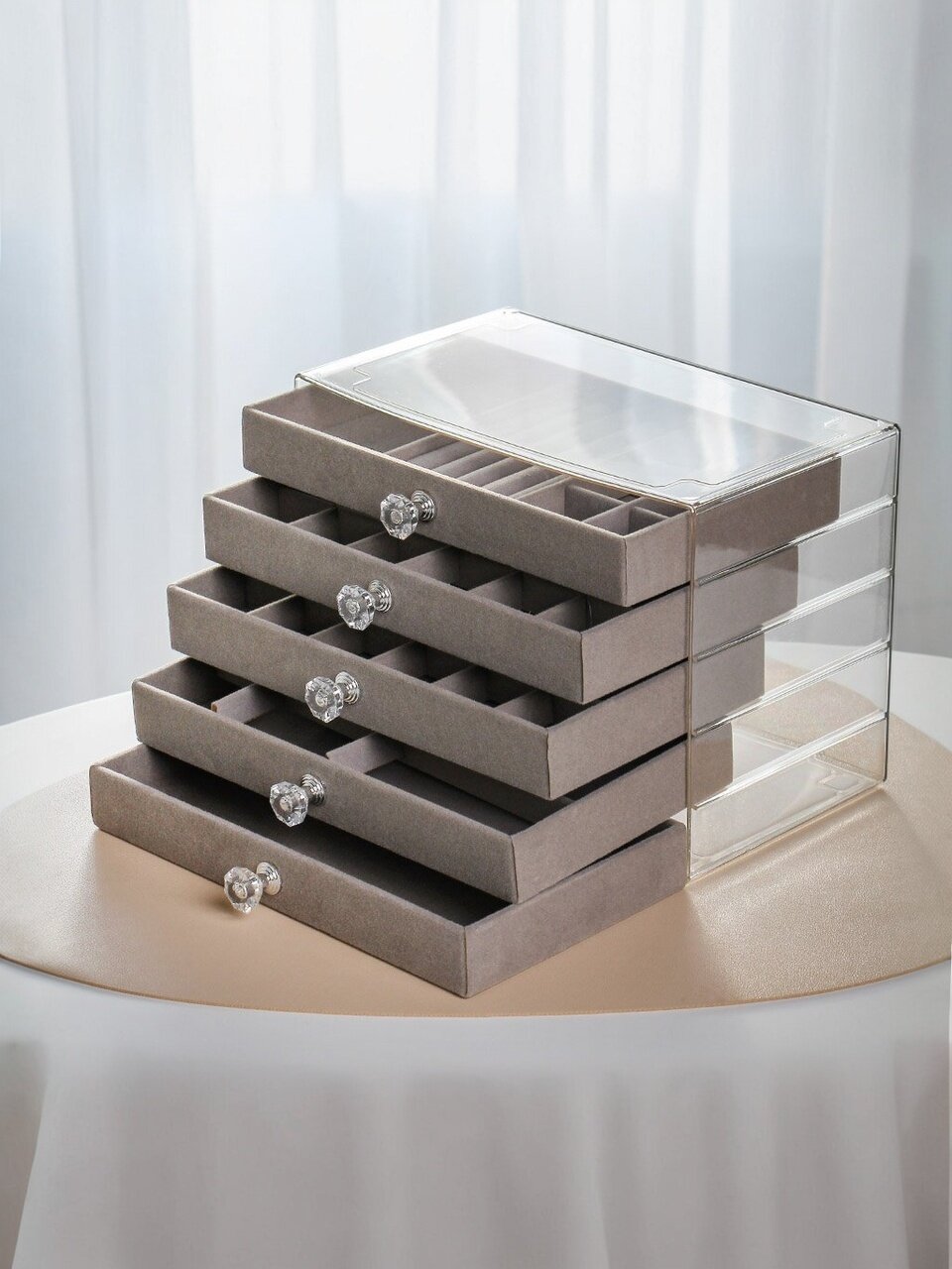 Шкатулка для украшений и бижутерии, 5 ярусов, акриловый кейс с выдвижными ящиками, серая, 23.5х13.5х17 см, A320025