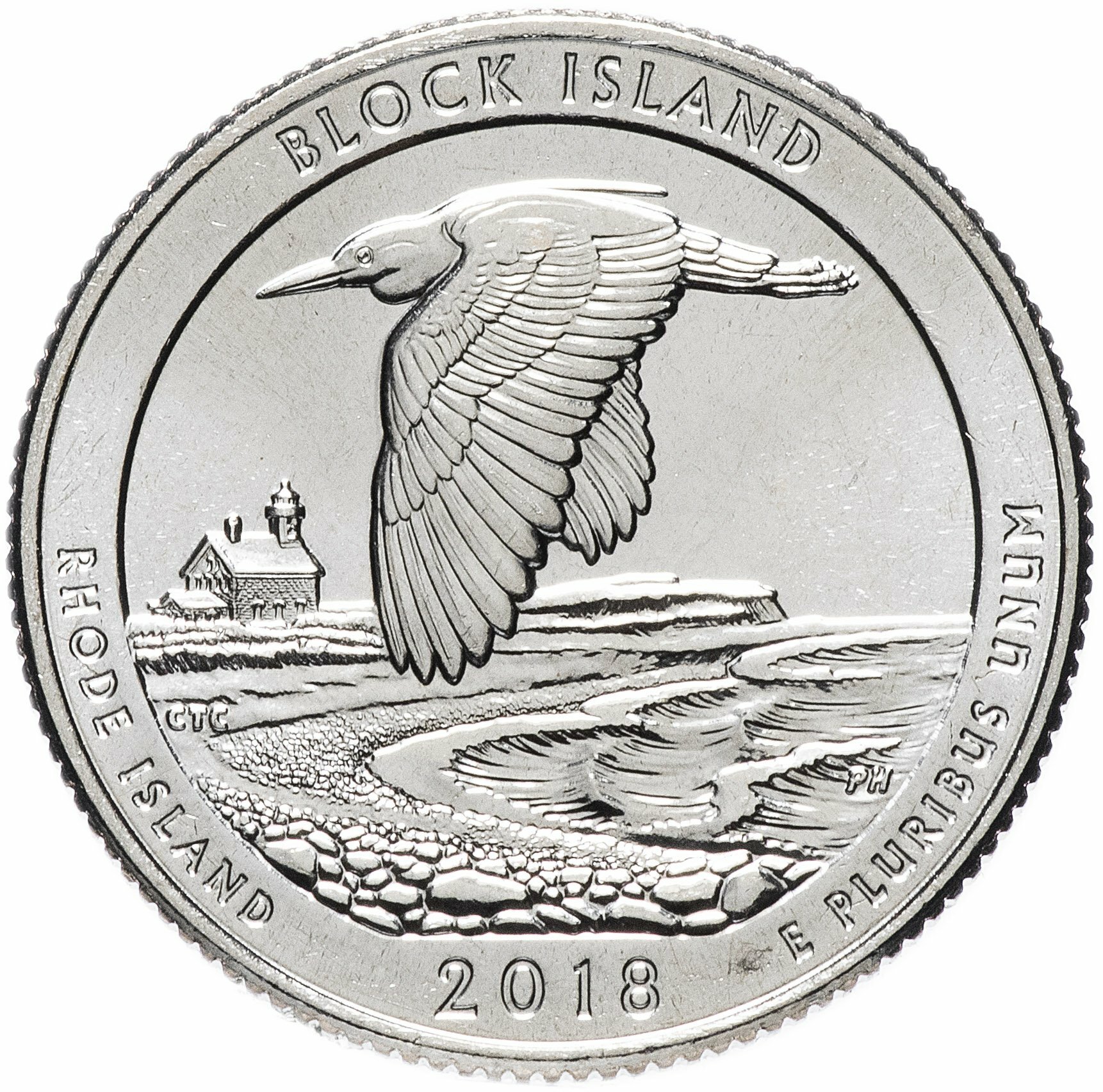 США 1/4 доллара 25 центов, квотер 2018 D — "Национальные парки - остров Блок" 45-й парк, Мельхиор медь-никель, в сохранности UNC