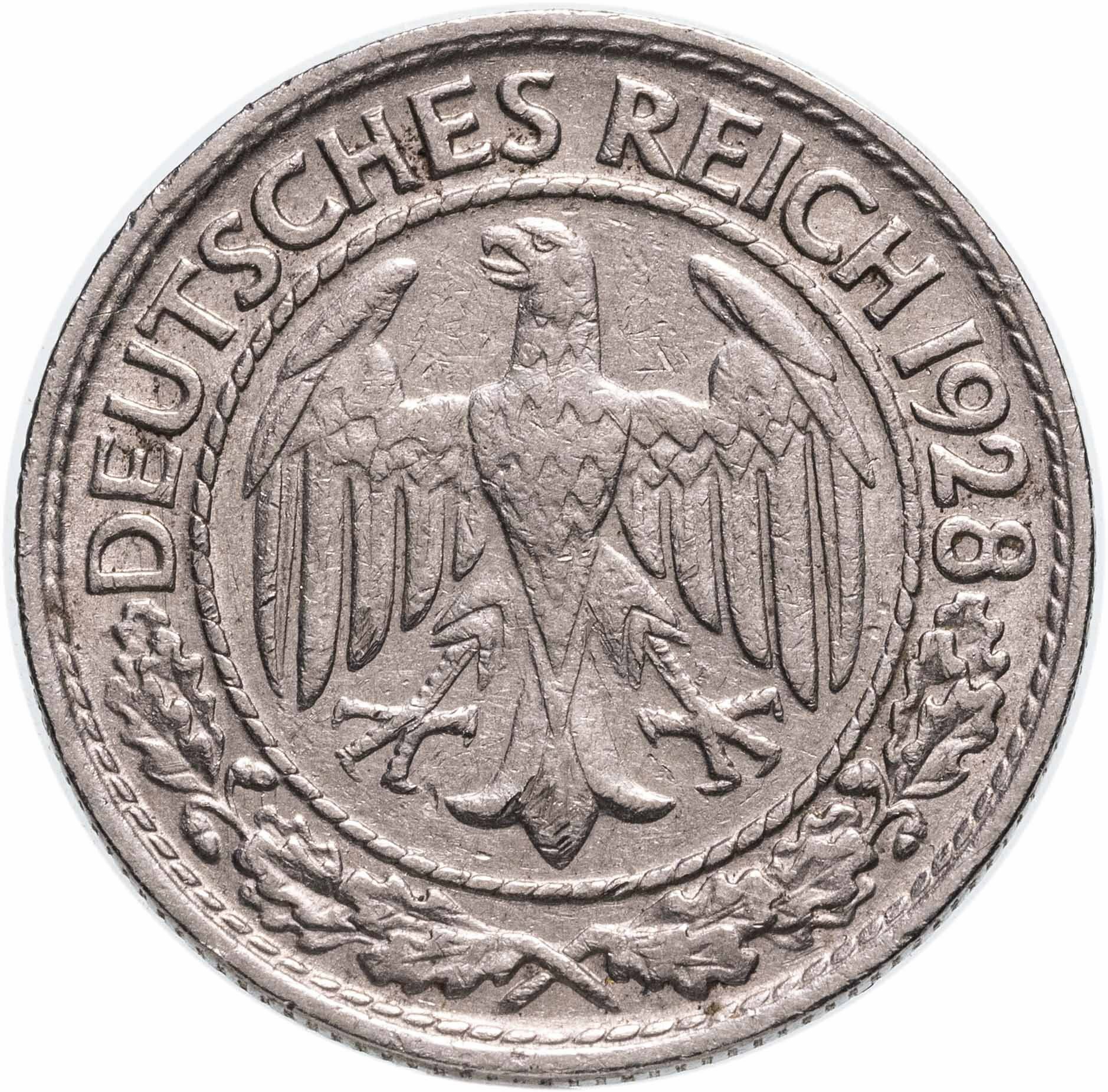 Германия 50 рейхспфеннигов reichspfennig 1928, знак монетного двора "D" — Мюнхен, Никель, в сохранности XF
