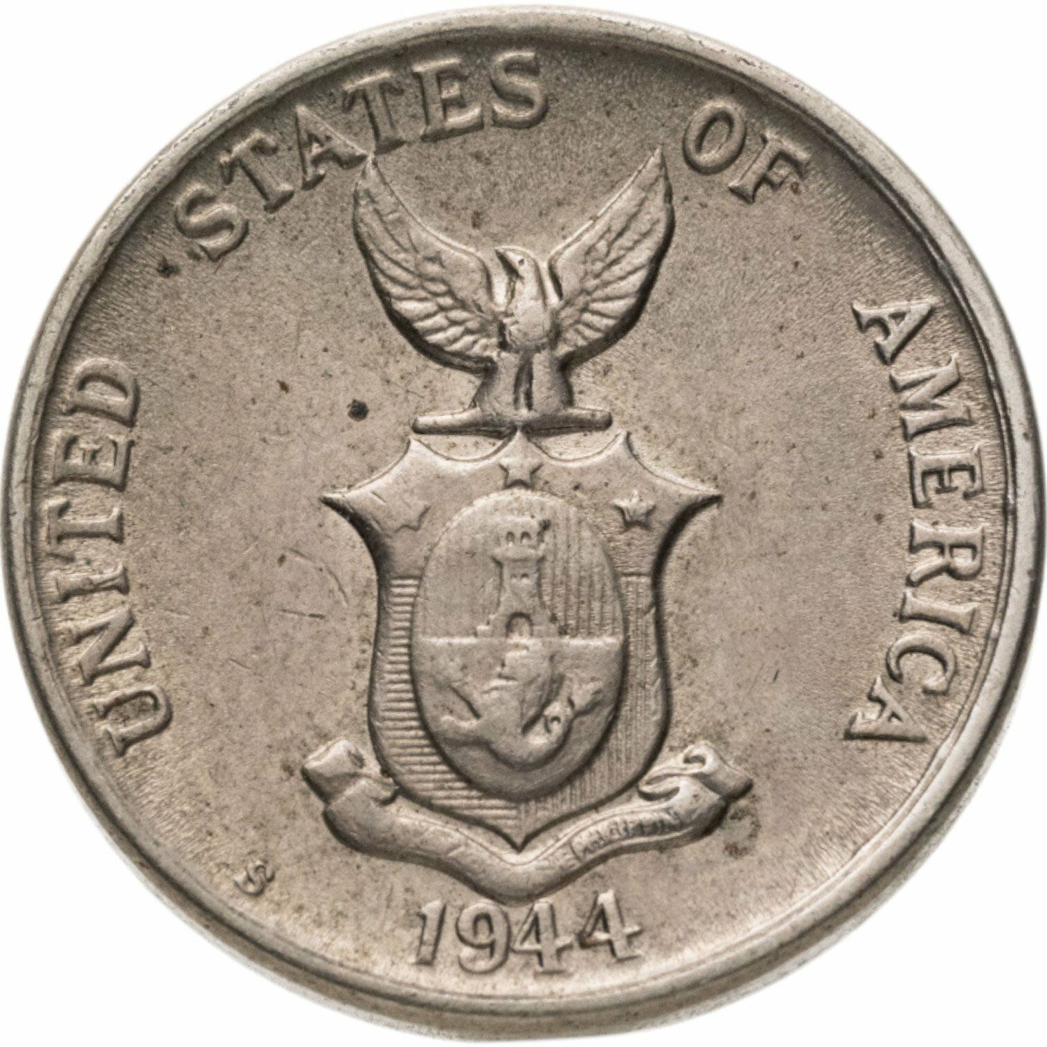 Филиппины 10 сентаво centavos 1944, Серебро 750, в сохранности XF