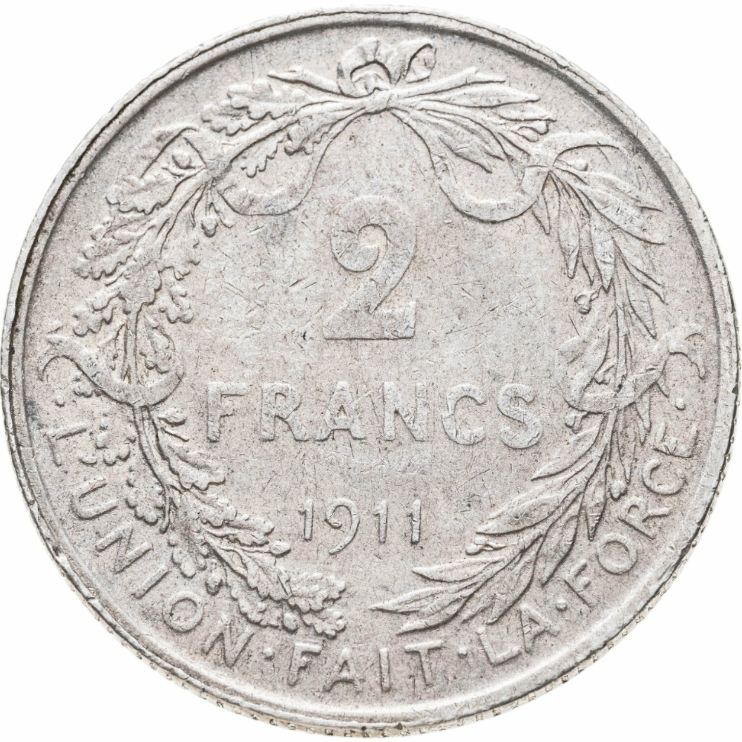 Бельгия 2 франка frank 1911, Надпись на французском - 'ALBERT ROI DES BELGES', Серебро 835, в сохранности VF