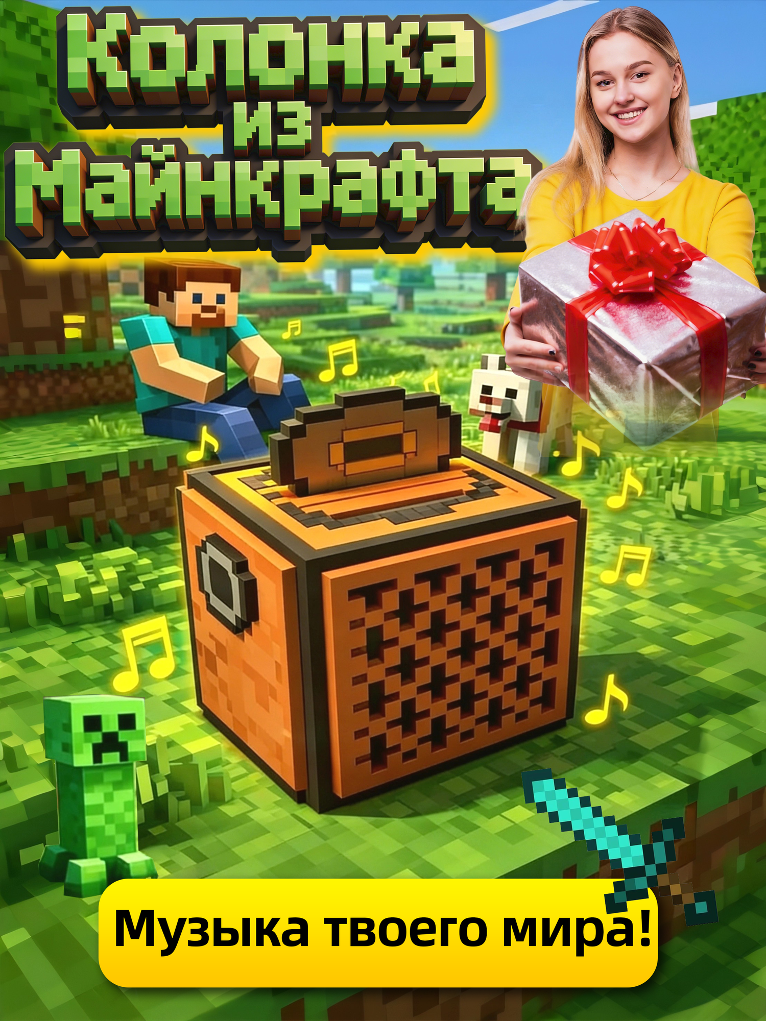 Беспроводная Bluetooth колонка Minecraft — Креативный музыкальный ночник Майнкрафт, детский подарок геймеру, пиксель арт