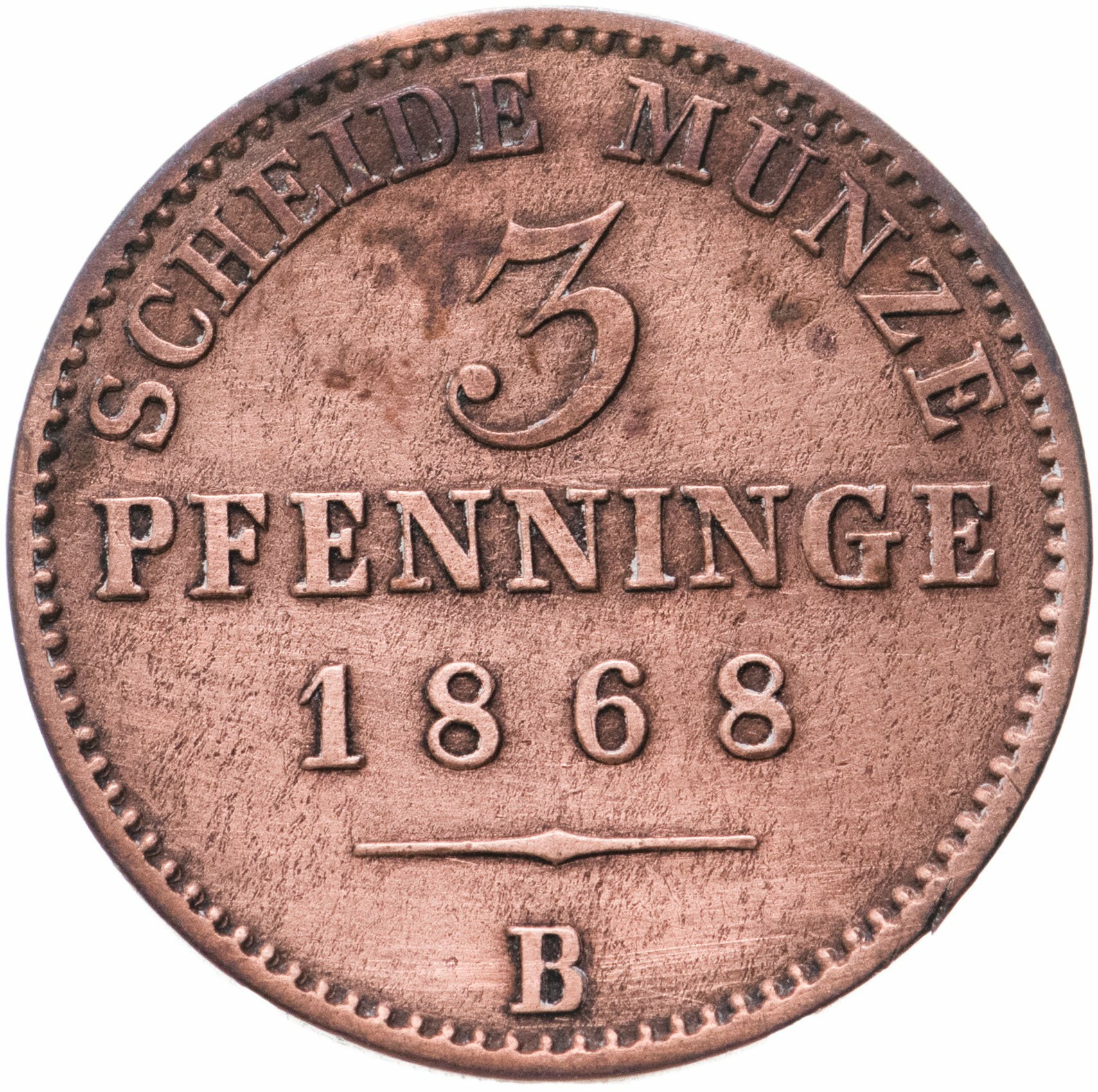 Германия, Пруссия 3 пфеннига 1868, Медь, в сохранности VF-XF