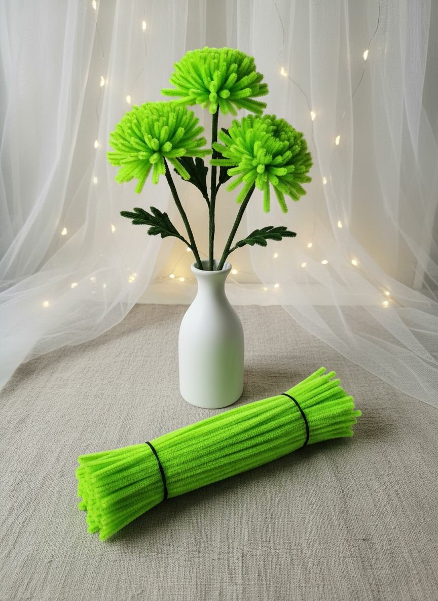 Синельная проволока для рукоделия, длина 30 см, толщина 0.6 см, 50 шт. Цвет зеленый неон