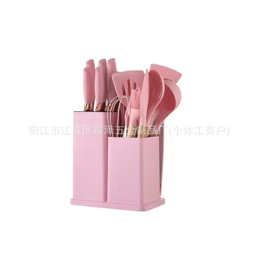 19-предметный набор силиконовой кухонной утвари, устойчивый к высоким температурам, с антипригарной сковородой и ножами для приготовления пищи