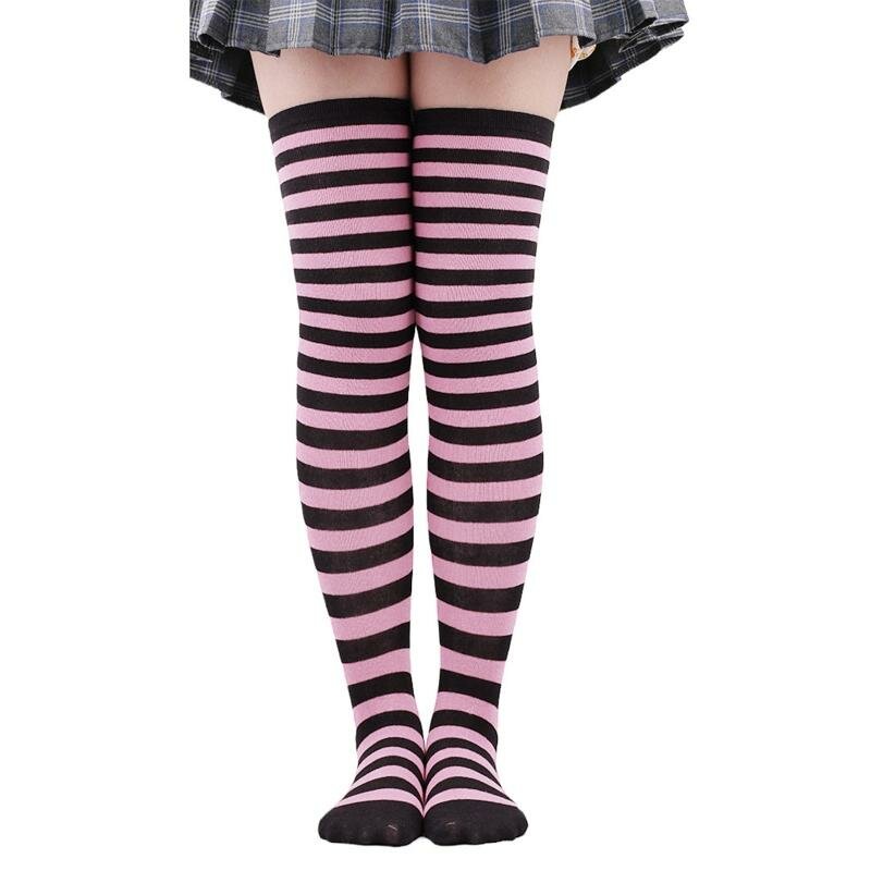 Чулки высокие японского стиля с полосками, Розовый