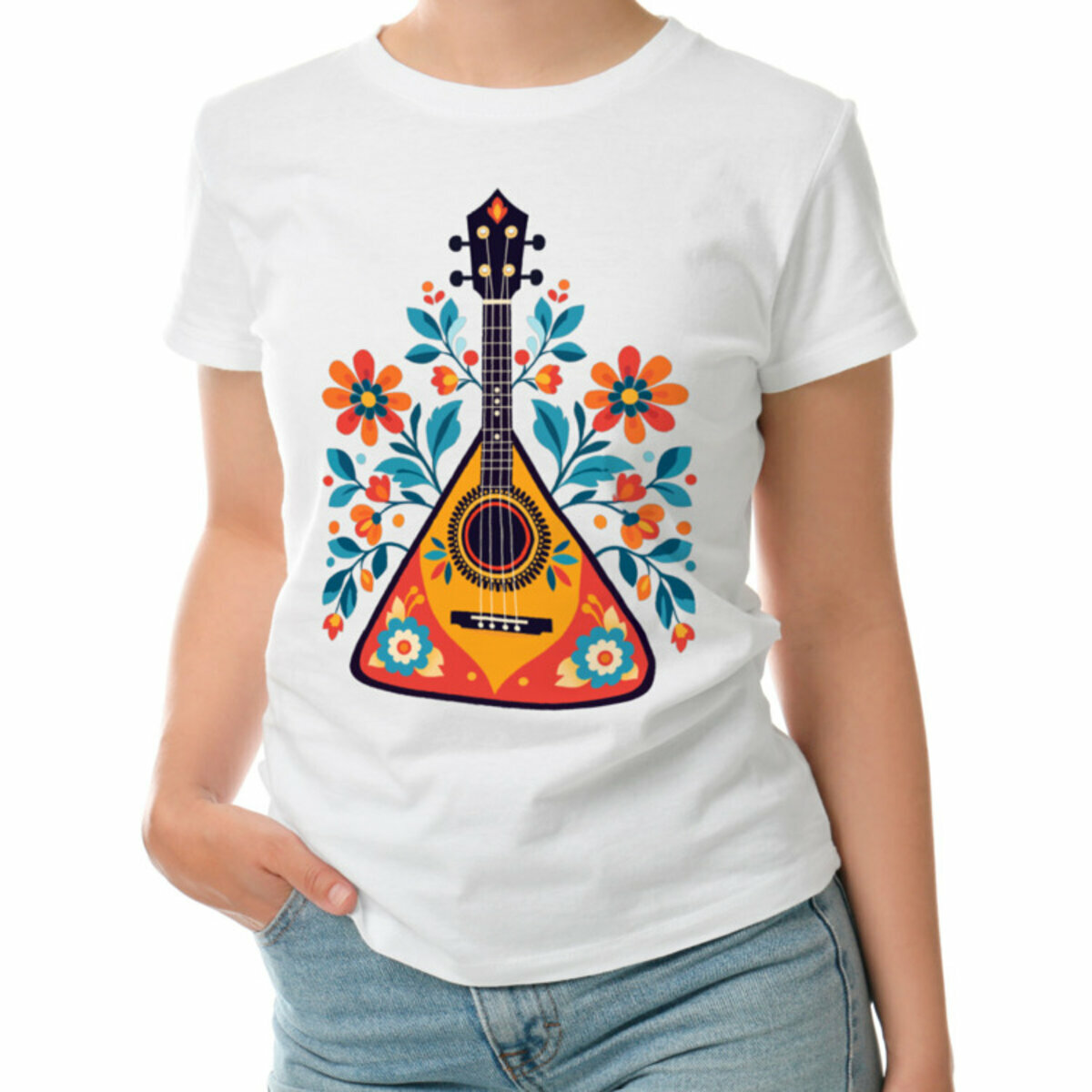 Женская футболка «Балалайка , украшенная цветами» (белый, L)