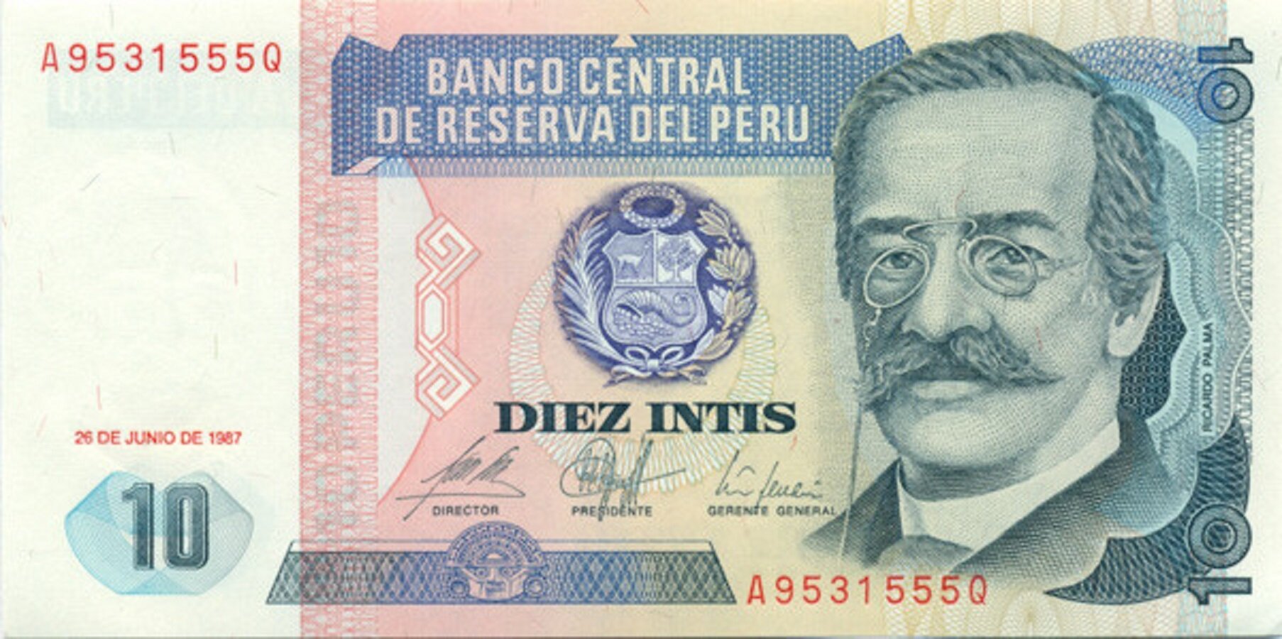 Банкнота номиналом 10 инти Перу 1987 года. Состояние UNC Р-129 (33327)