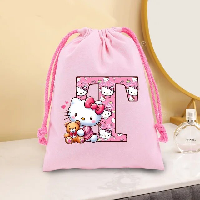 Холщовая сумка Sanrio на завязках с принтом Hello Kitty в виде буквы AZ, хлопковая сумка, подходит для хранения конфет, подарков, украшений, игрушек и т. д, многоразовая сумка для хранения.
