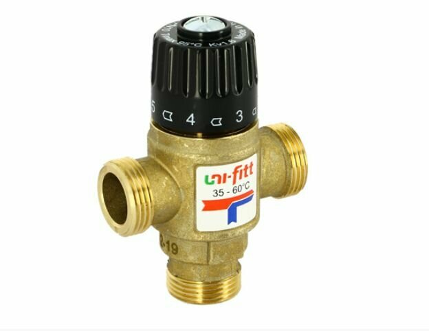 Клапан термостатический трехходовой смешение боковое Uni-Fitt 3/4", KVs 1.6, 20-43 C, нар. р,