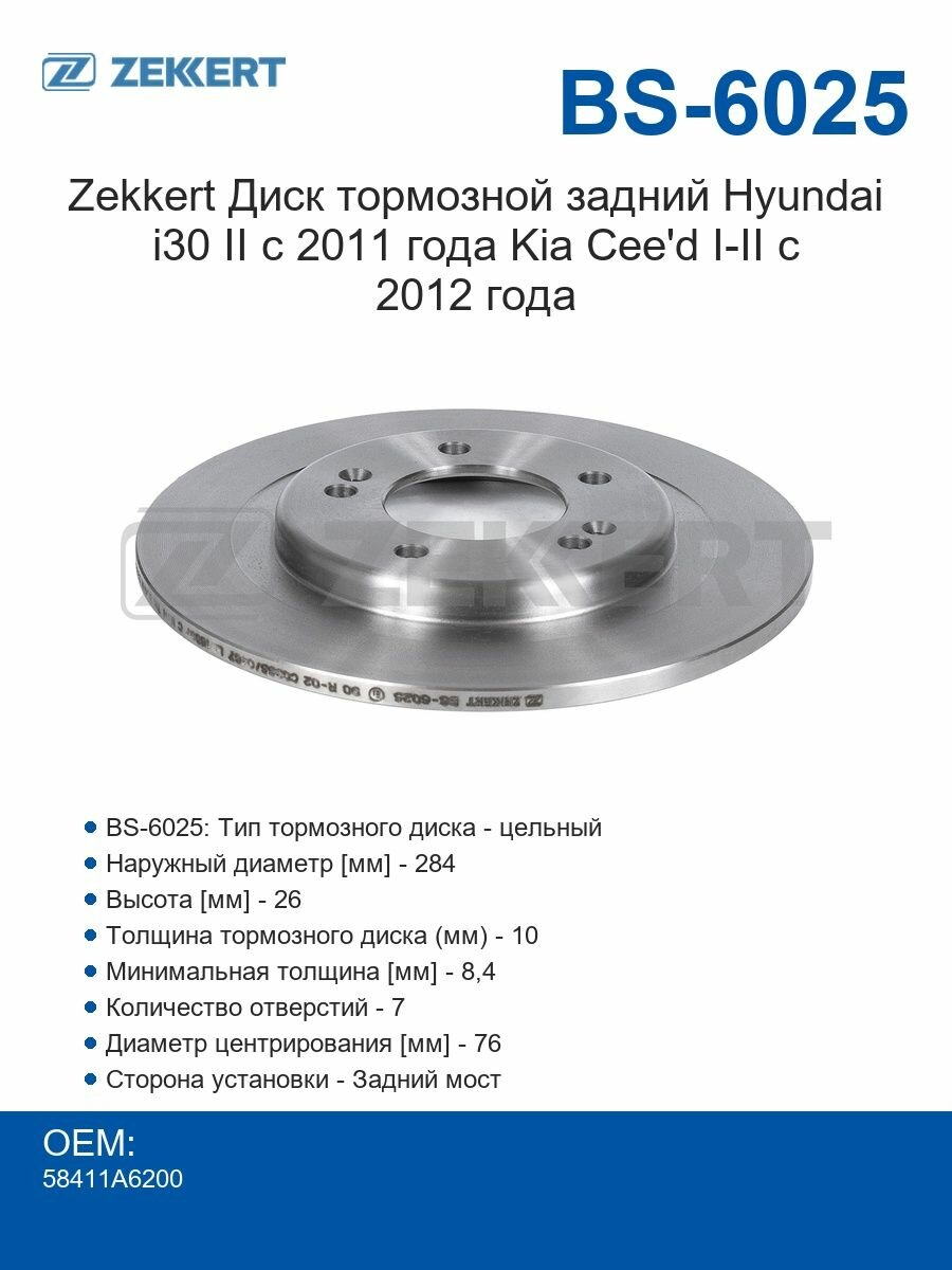 Zekkert Диск тормозной задний Hyundai i30 II с 2011 года Kia Cee'd I-II с 2012 года