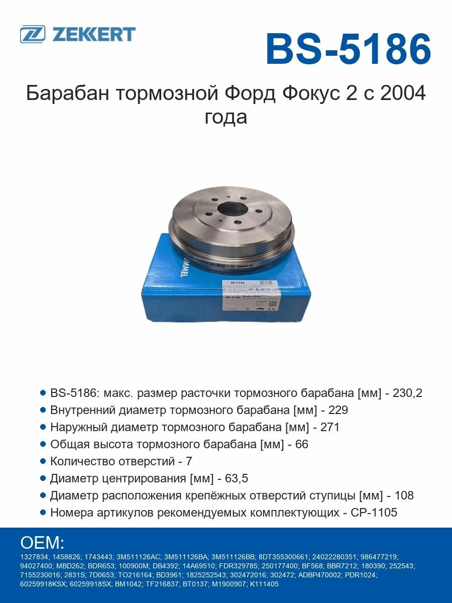 Zekkert Барабан тормозной Форд Фокус 2 с 2004 года