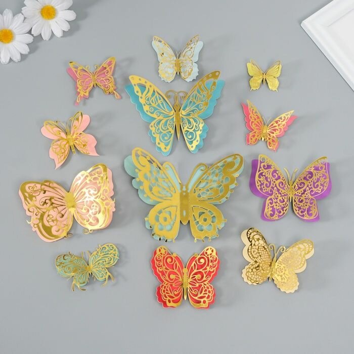 Набор магнитов на холодильник КНР "Бабочки нежные расцветки", 12 шт, картон, двойные крылья, h 4-10 см