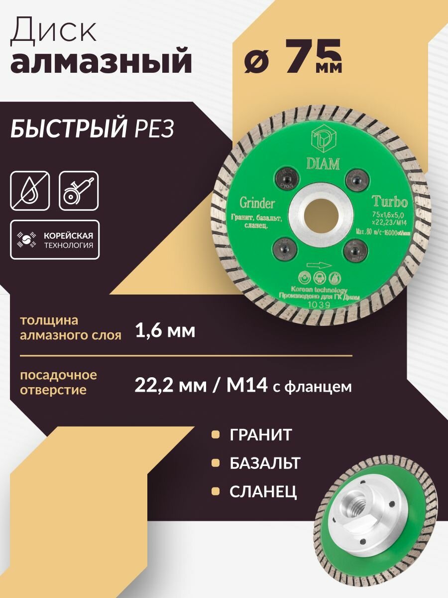 Отрезной круг Turbo GRINDER 75*1,6*5.0*22,2*М14 (Гранит)