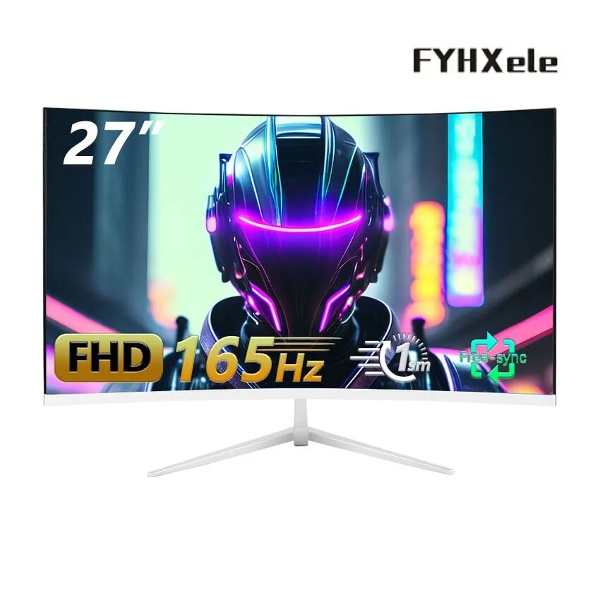 FYHXele 27" Монитор 27-дюймовый изогнутый экран белых игровых мониторов 1K 165 Гц 1920x1080P Скорость отклика 1 мс Мониторы , белый