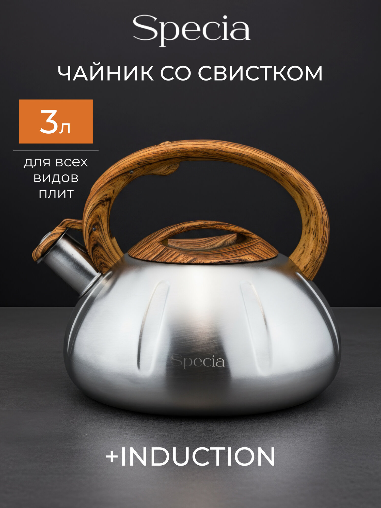 Чайник для плиты 3 л, Specia, со свистком, нержавеющая сталь, для всех типов плит