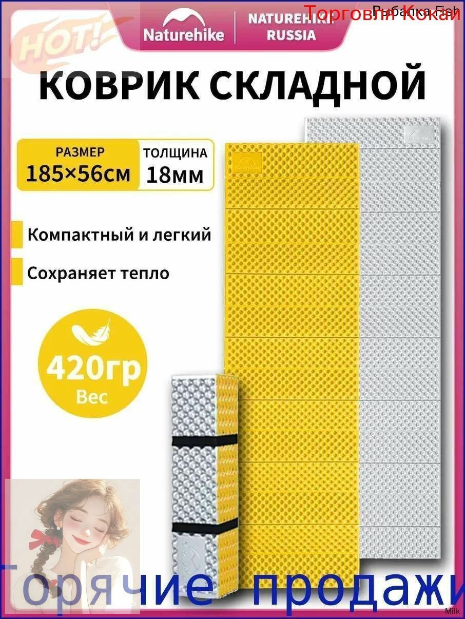 Коврик туристический складной гармошкой, каремат, Naturehike, 185x56см