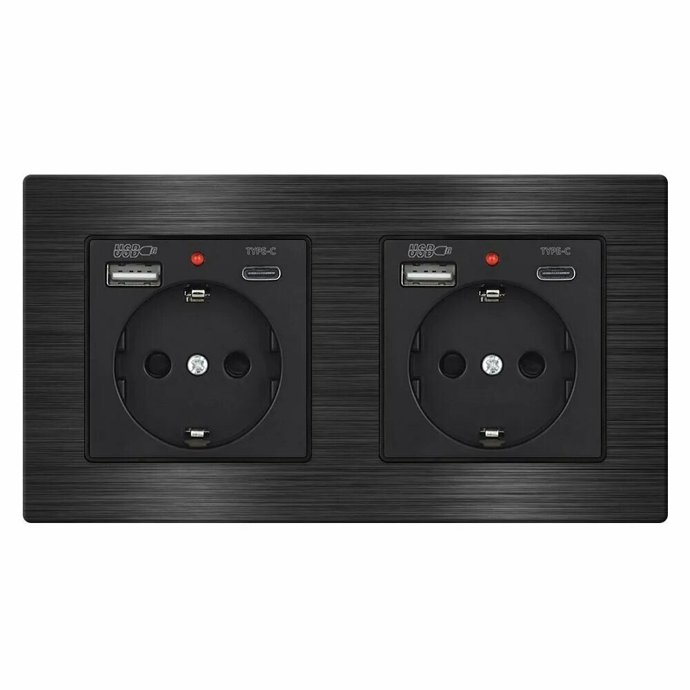 Розетка двойная с usb, usb type-c 5V 2.1A, Алюминиевый сплав панель, черный