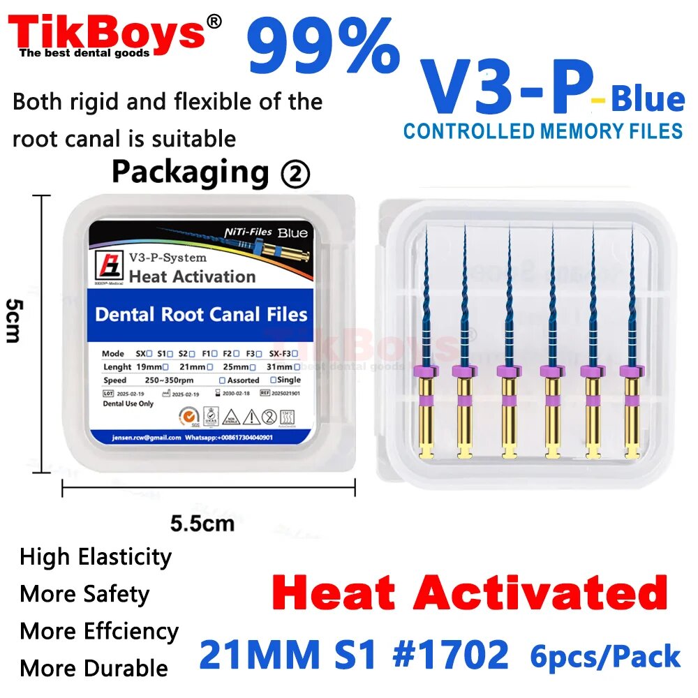 TikBoys V3-P Blue эндодонтические файлы, 21 мм, S1, 6 шт