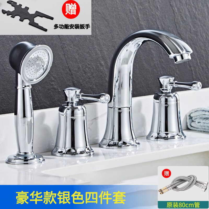 Европейский стиль золотой полностью медный вращающийся трехотверстный смеситель для раковины, трехкомпонентный набор, разделенный двойной ручкой, двойное управление горячей и холодной водой