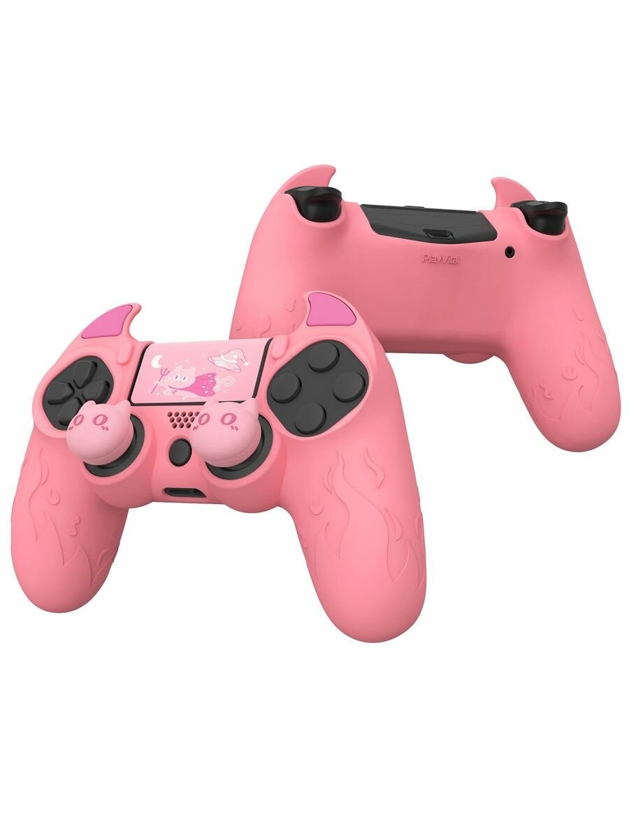 PlayVital Силиконовый чехол для геймпада PS4 Cute Demon, антискользящий, с насадками на стики, розовый
