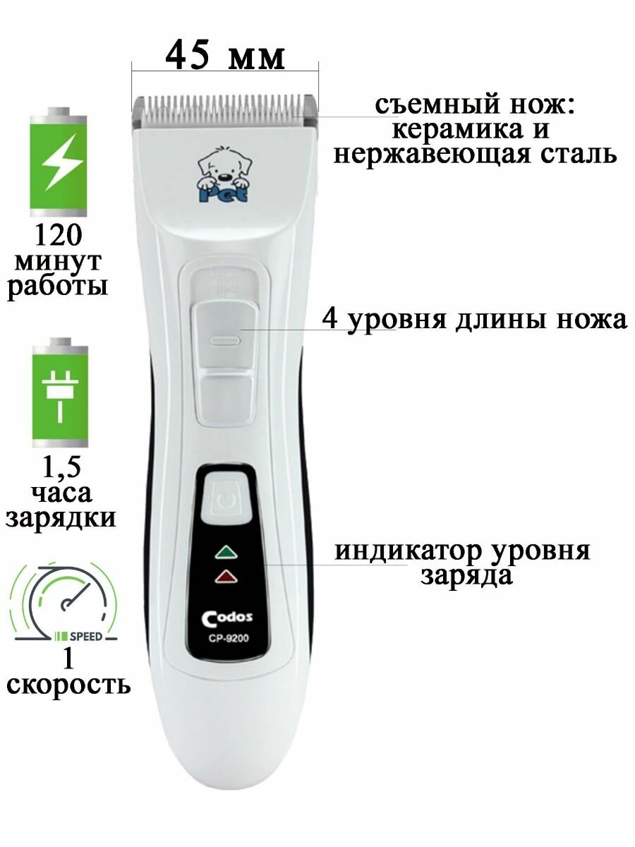 Машинка для стрижки животных, собак и кошек Codos CP-9200, профессиональная с керамическими ножами, аккумуляторная