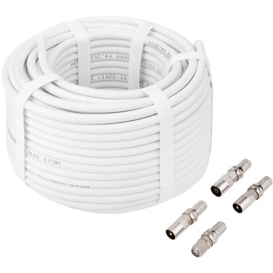 Набор из антенного телевизионного удлинителя Rexant с F-разъемами и ТВ-переходниками, 30 метров