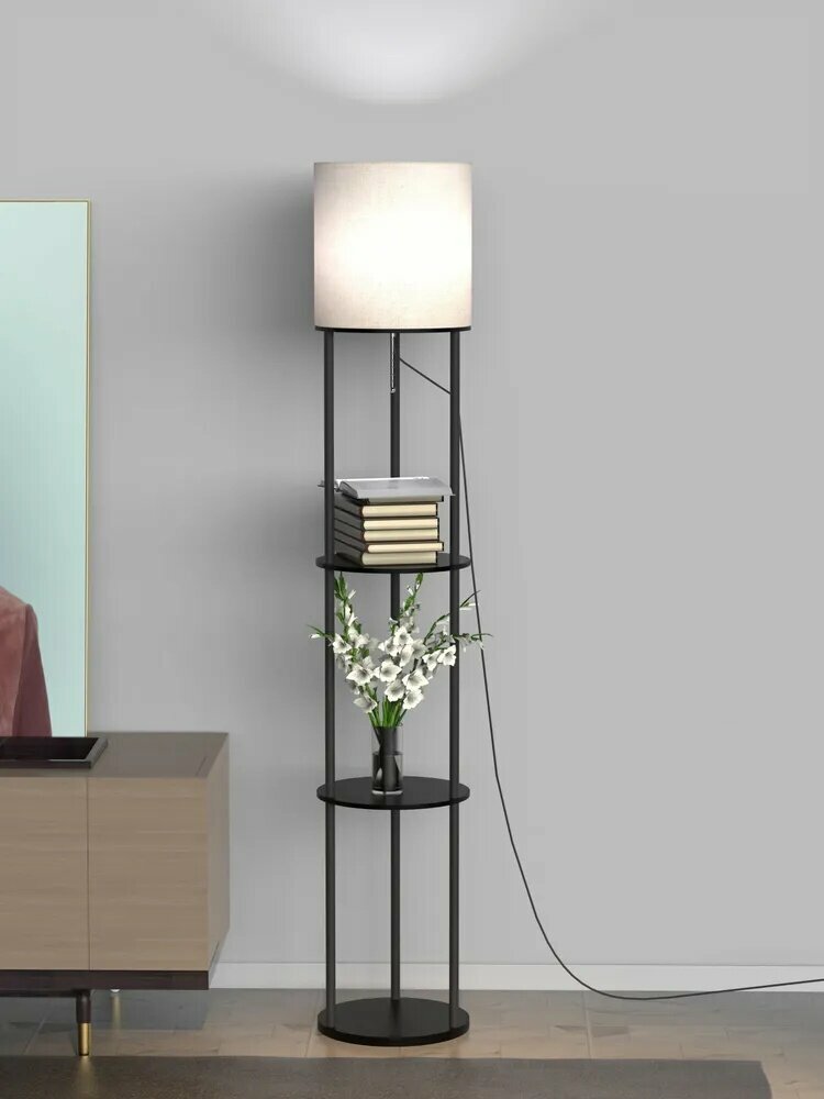 GLORYLIGHT Универсальный напольный светильник (торшер) с полками: льняной абажур, трёхцветный свет, металлический цепной выключатель. Подходит для гостиной, спальни и других помещений.