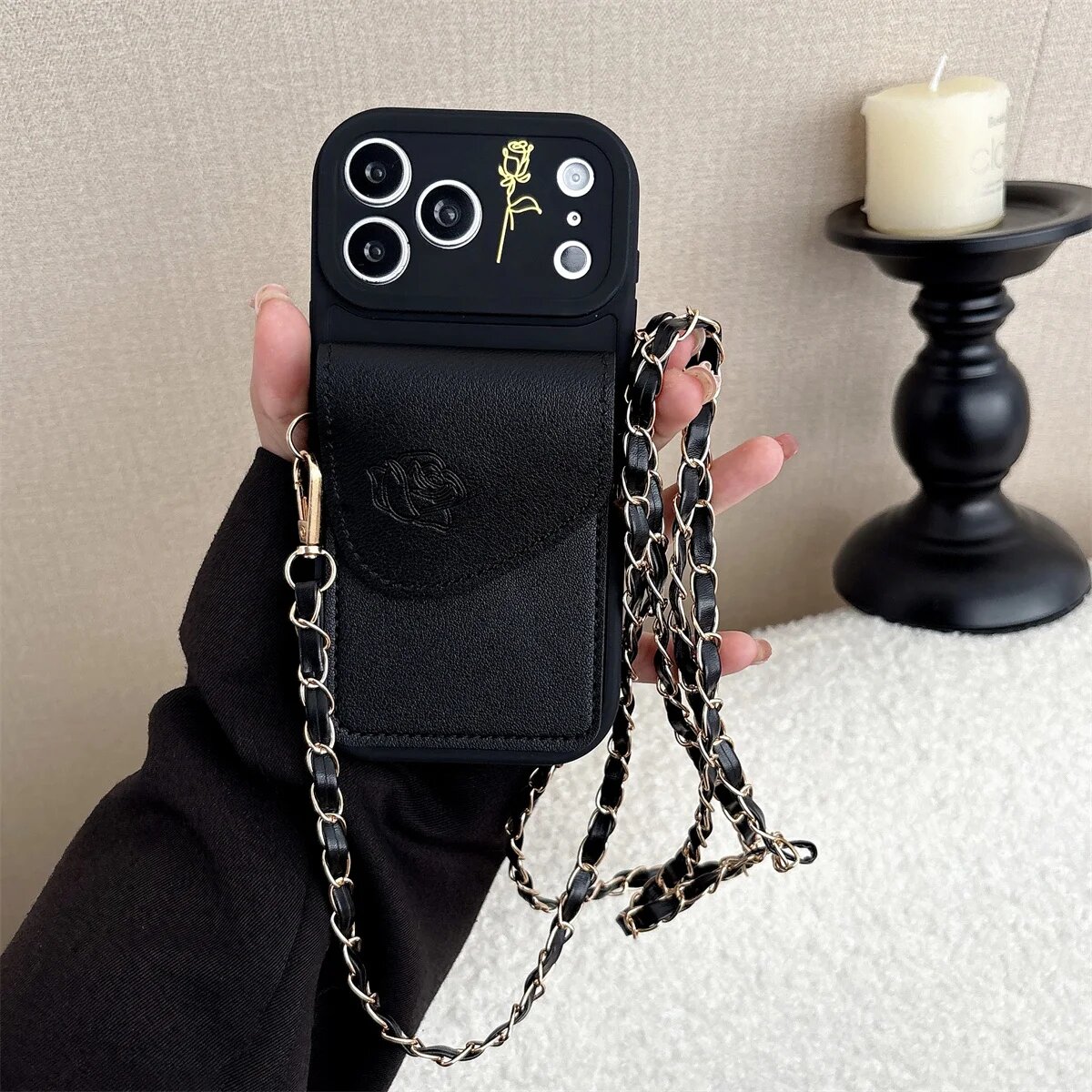 Чехол-кошелек из кожи и силикона с ремешком через плечо для iPhone Айфон 13 Про Макс, Черный, Black