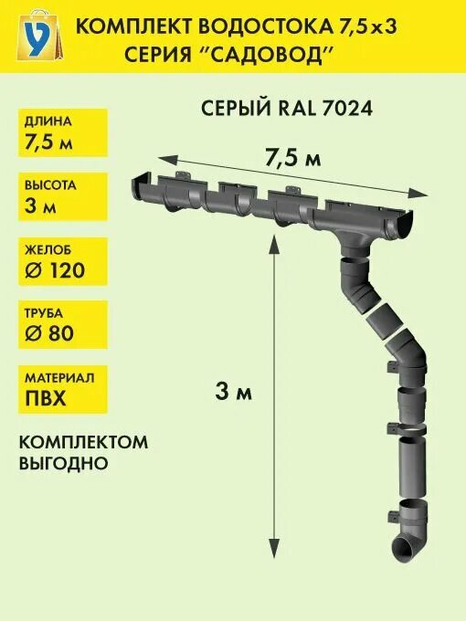 Водосток садовод серый 7,5х3 / Комплект водосточной системы для крыши дома ПВХ 120/80