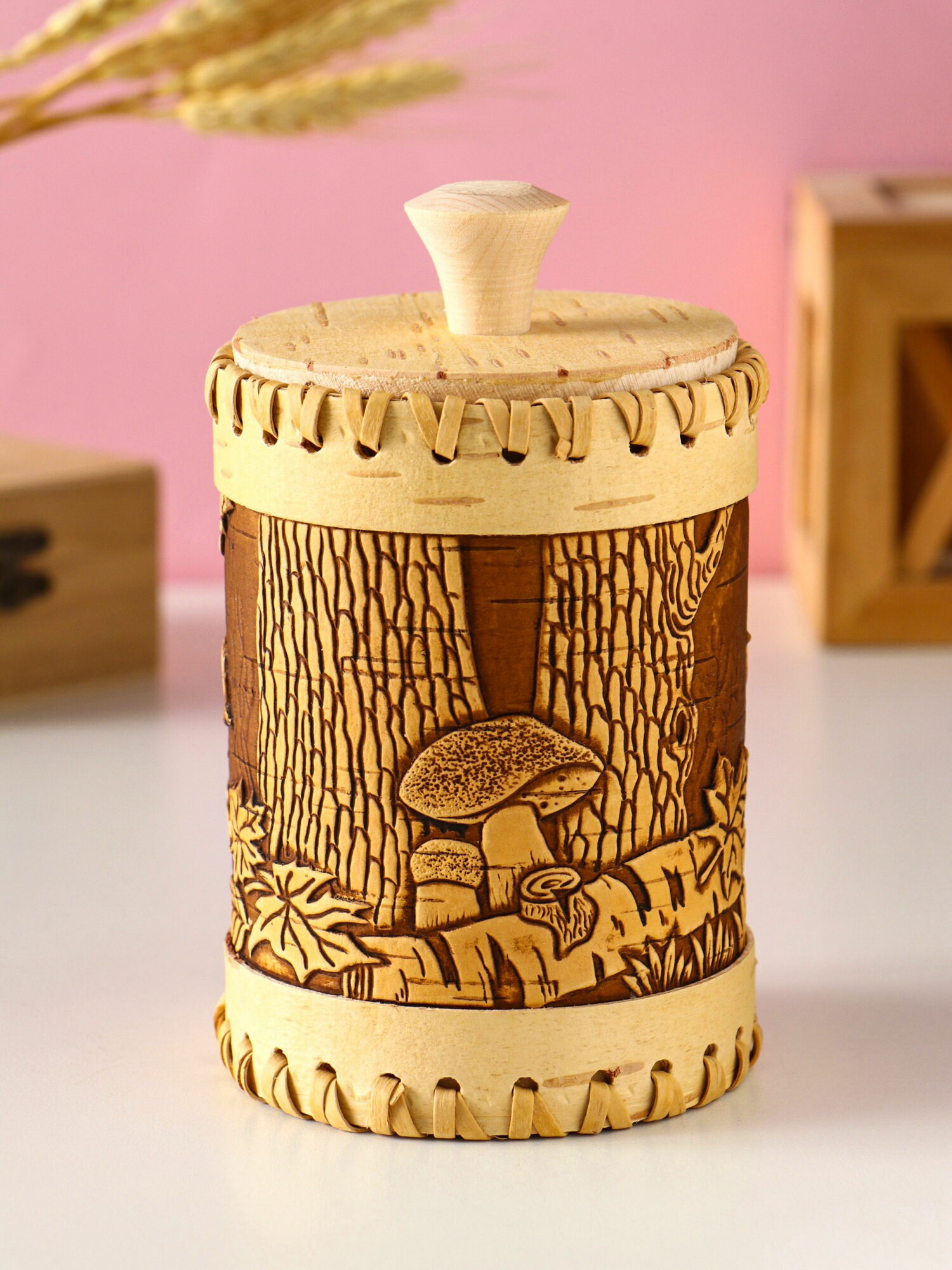 Туес шитый "Осень", банка для хранения, береста, цвет: бежевый