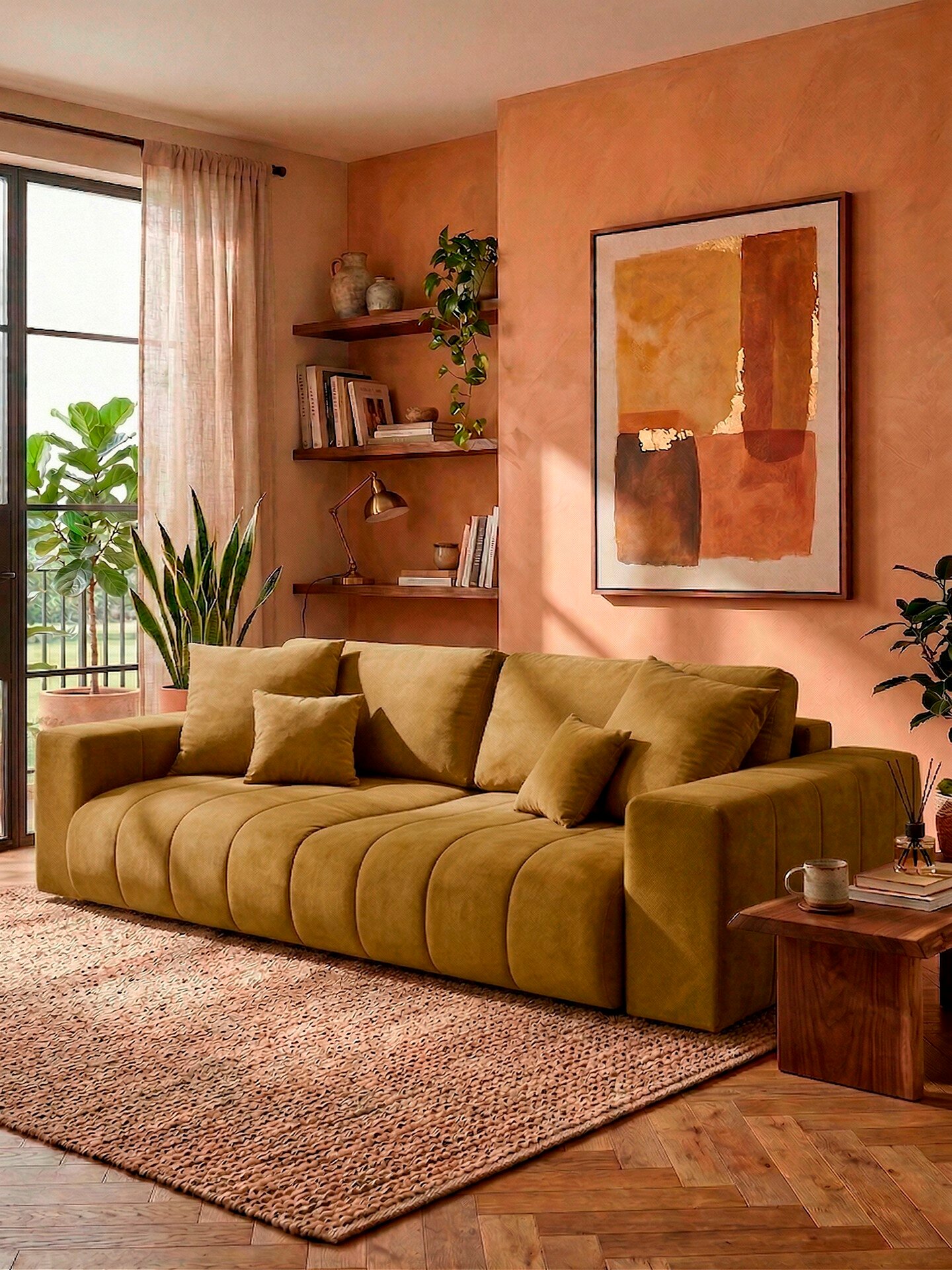 Диван Чедер Лайт Velutto 56 NOW 247x94x80 см, желтый Велютто, еврокнижка Фиеста