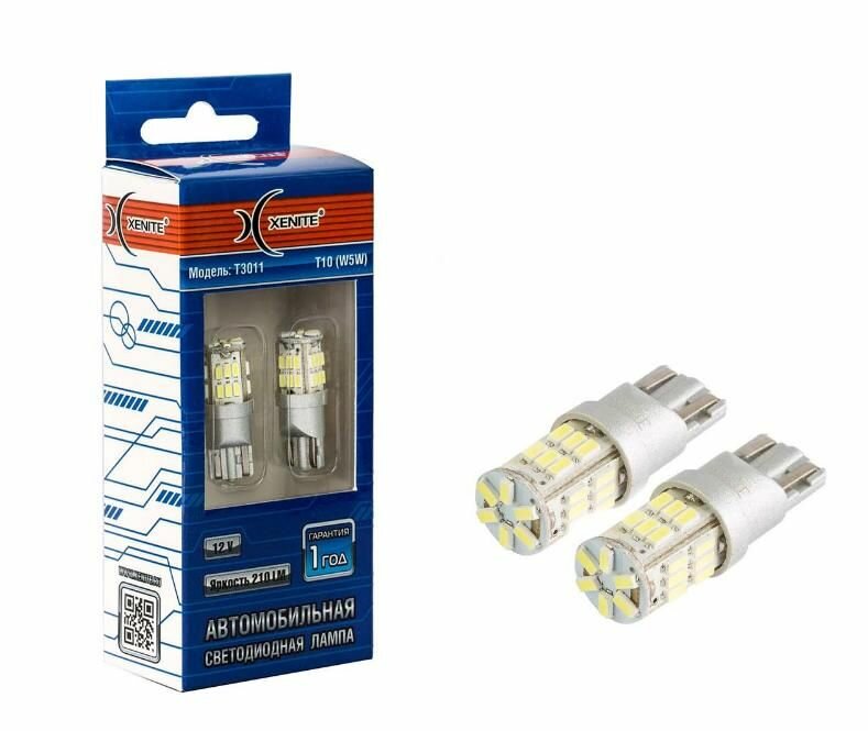 Светодиод 12V (номер габариты) (T10/W5W/W21x95d) T3011 белый, 2 шт / Xenite / 1009419