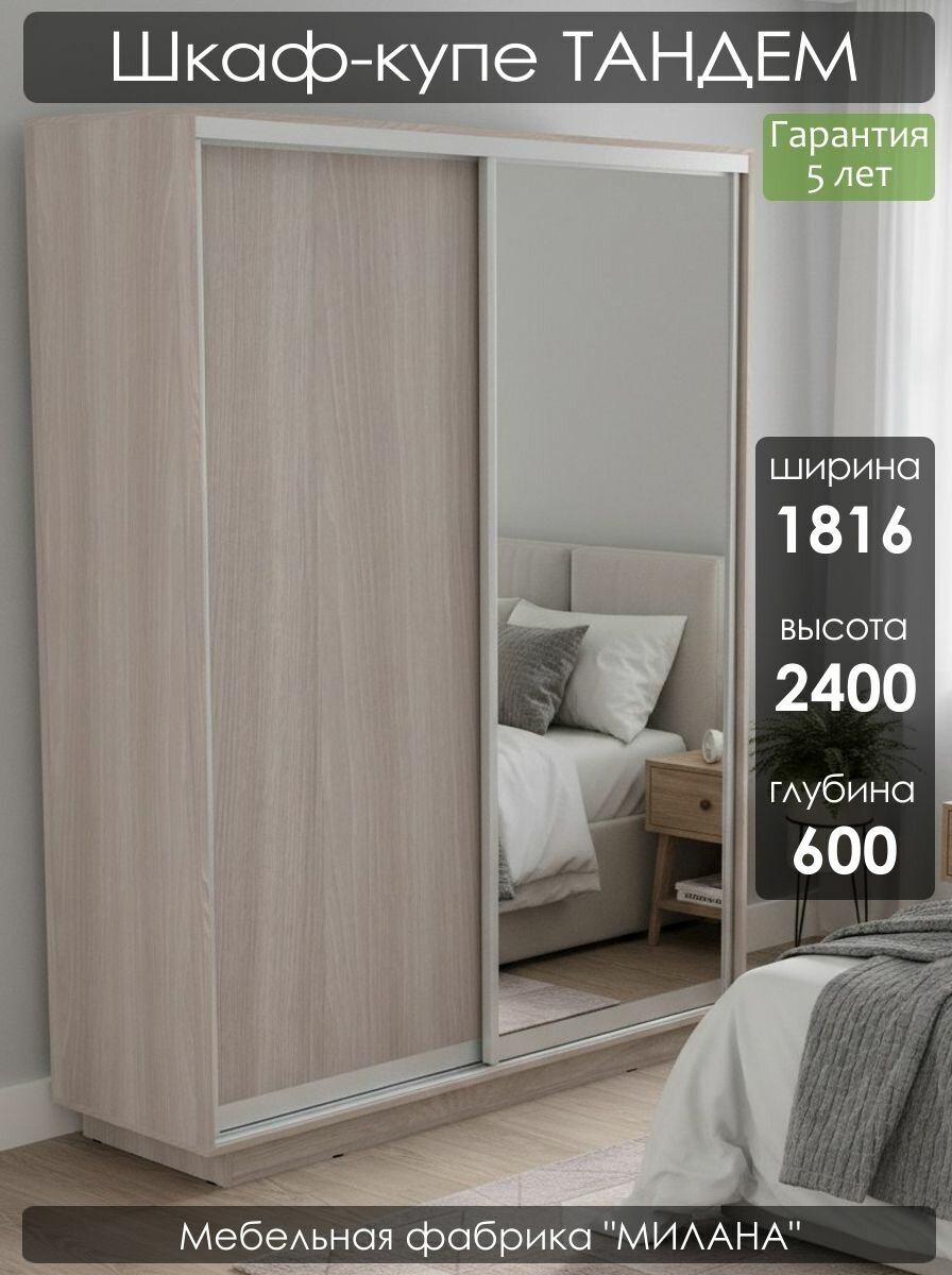 Шкаф купе с зеркалом Тандем, 2 двери, Ясень Шимо светлый, 181х60х240 см