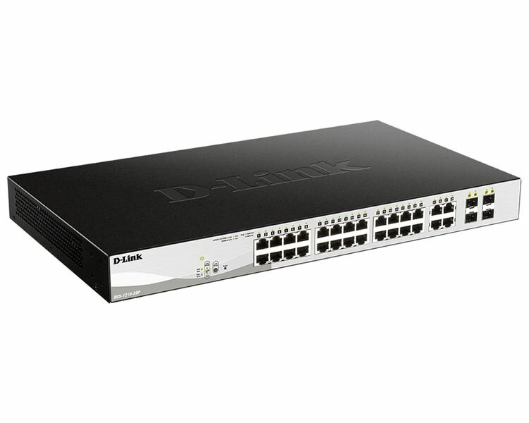 D-Link DGS-1210-28P/FL2A Коммутатор Управляемый L2 PoE-коммутатор, 24x1000Base-T PoE, 4xCombo 1000Base-T/SFP, PoE-бюджет 193 Вт, защита от статического электричества до 6 кВ, CLI