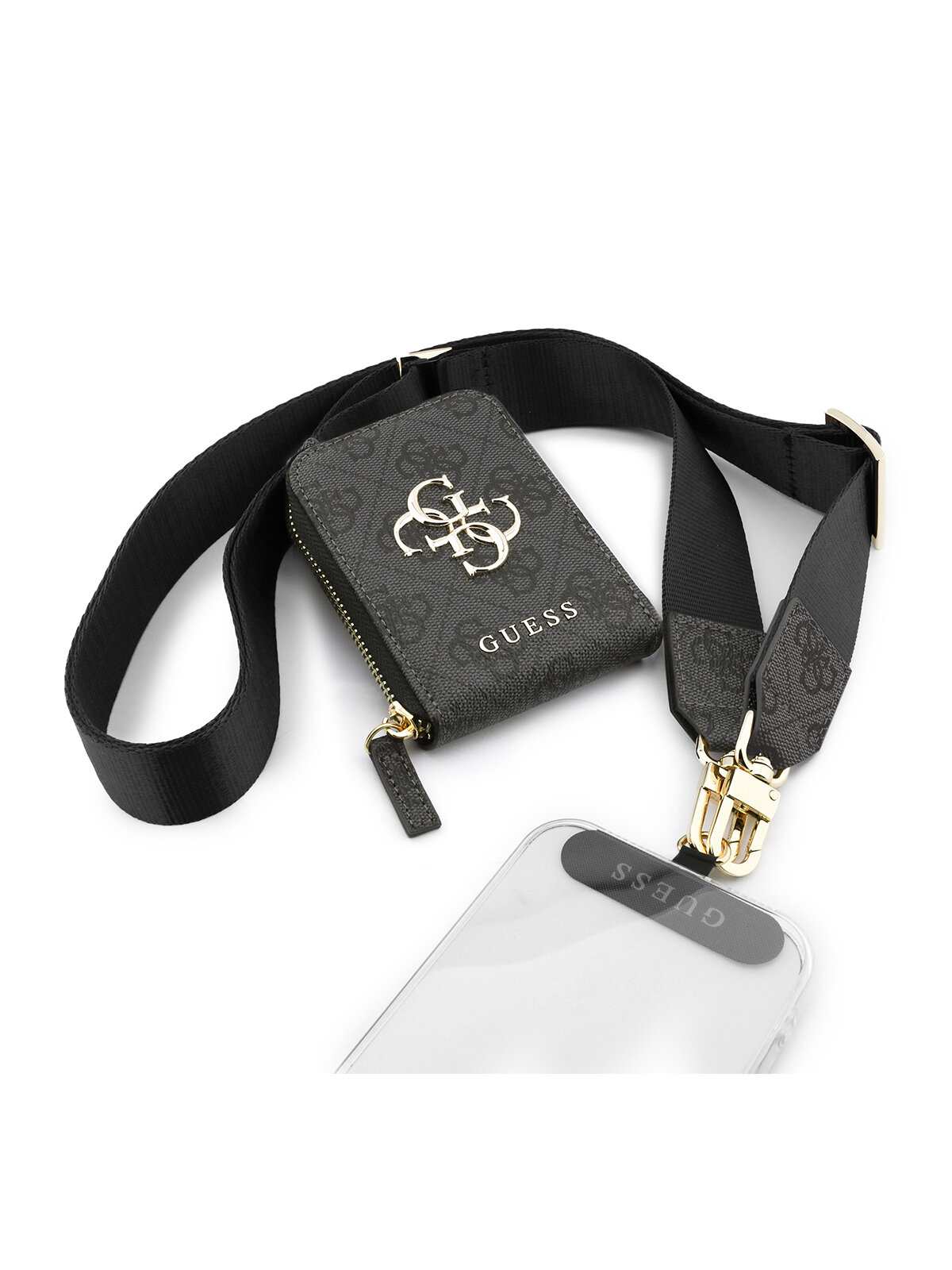 Шнурок на шею Guess для смартфона, кросс-боди, с кошельком, из экокожи PU leather, черный
