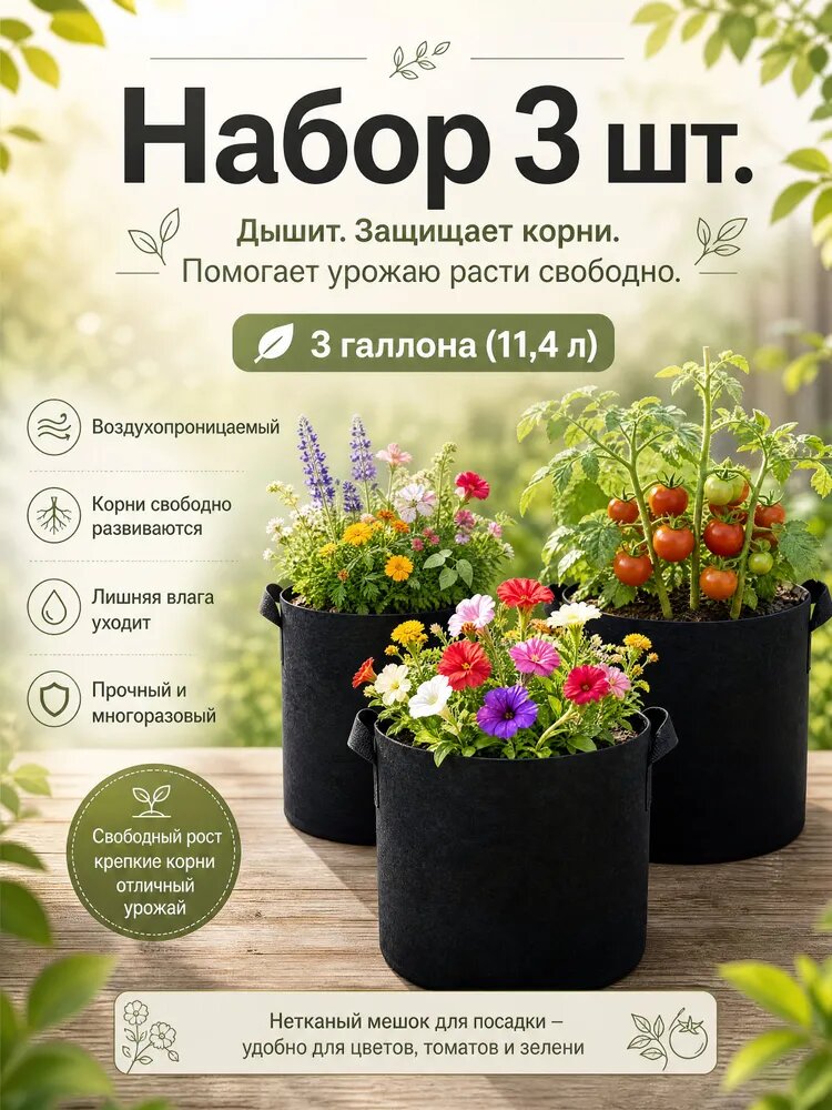 Мешок-горшок для растений 11.4 л, 22 см, 3 шт, цвет черный