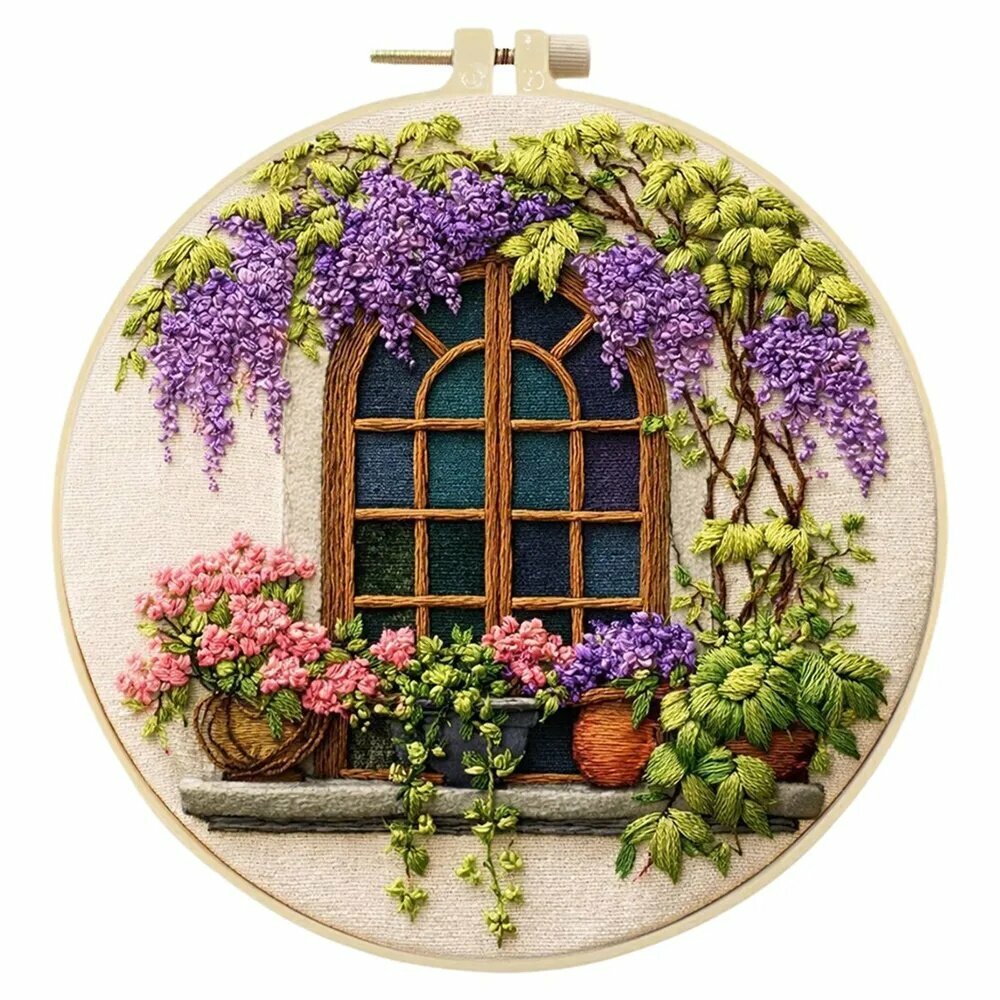 Набор для вышивания Windows and Flowers на хлопковой ткани 29 29 см с бамбуковым пяльцами