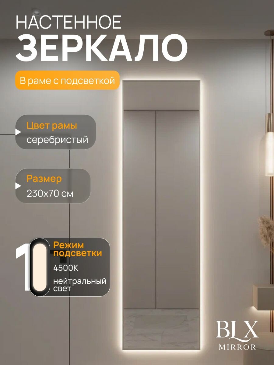Зеркало настенное 230х70 см серебро с подсветкой Свет: Нейтральный белый 4500К В алюминиевой раме интерьерное BLX MIRROR