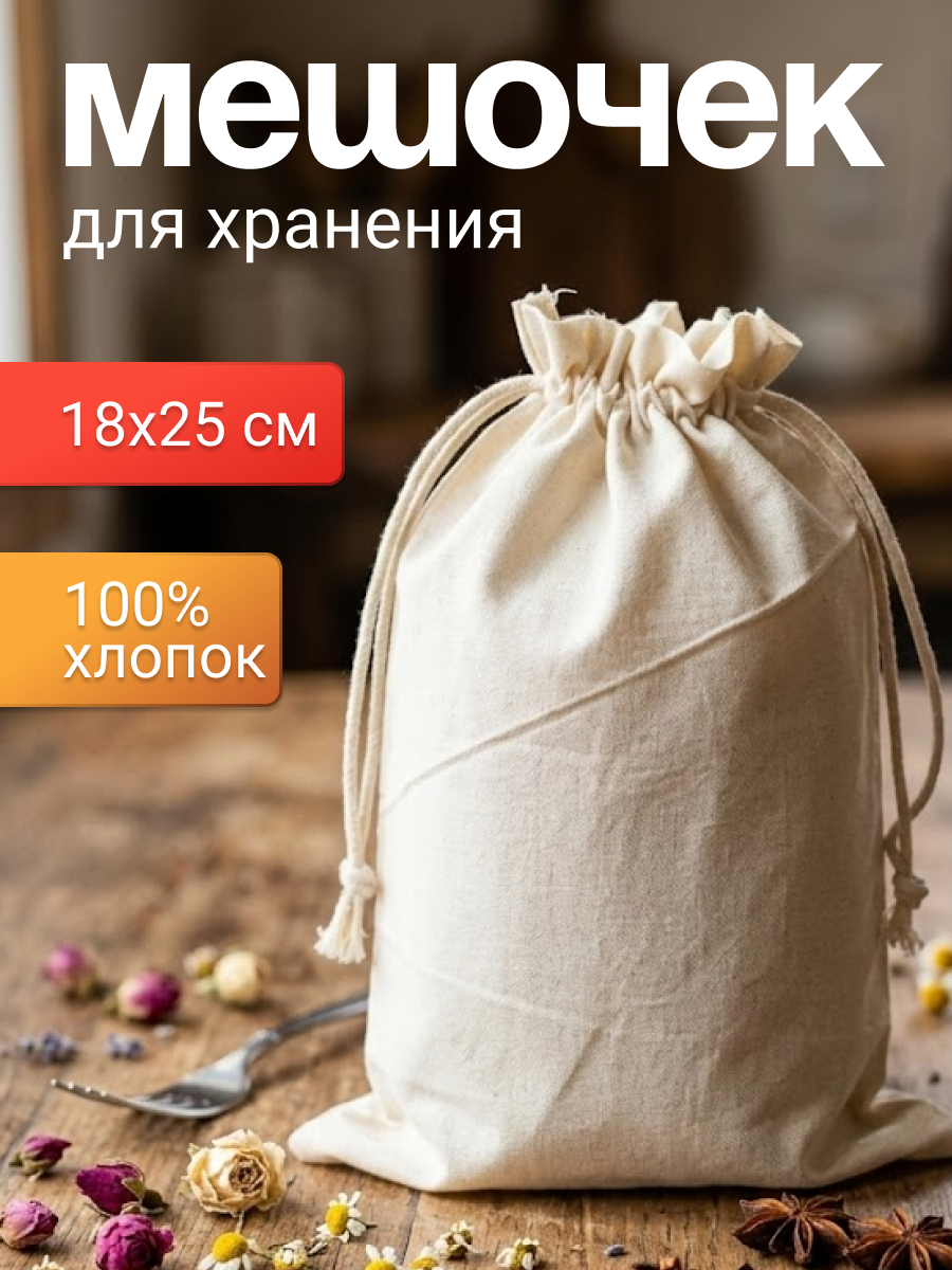 Мешочек тканевый складулька для хранения вещей, 18х25 см, хлопок, белый