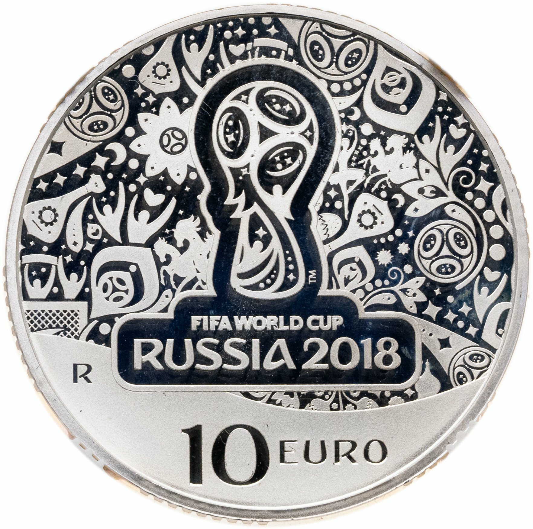 Италия 10 евро 2018 "Чемпионат мира по футболу в России" в слабе с сертификатом, Серебро 925, в сохранности Proof