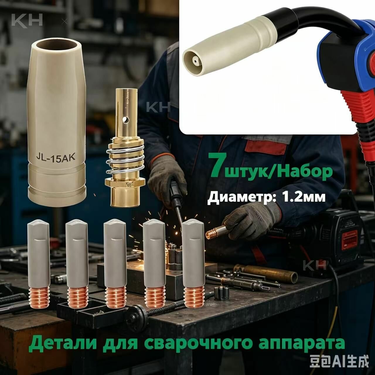 7 шт. (1.2mm)MB-15ak Защити покрытие от липких аксессуаров Набор комплектующих для сварочного полуавтомата, диффузор, сопло цилиндрическое, наконечники токовые