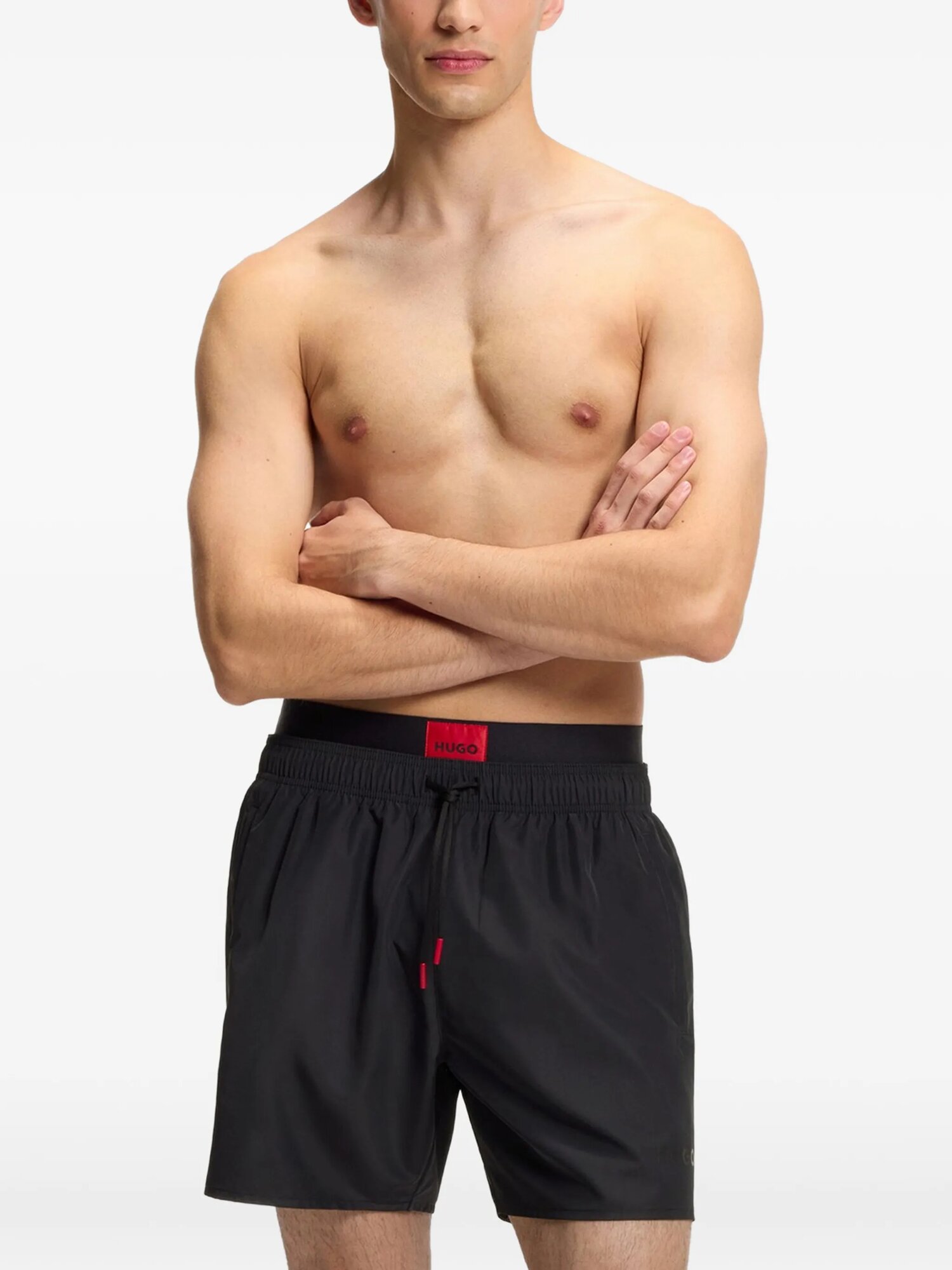 Шорты для плавания HUGO Logo-patch drawstring swim shorts, размер 48, черный/черный — фото 1