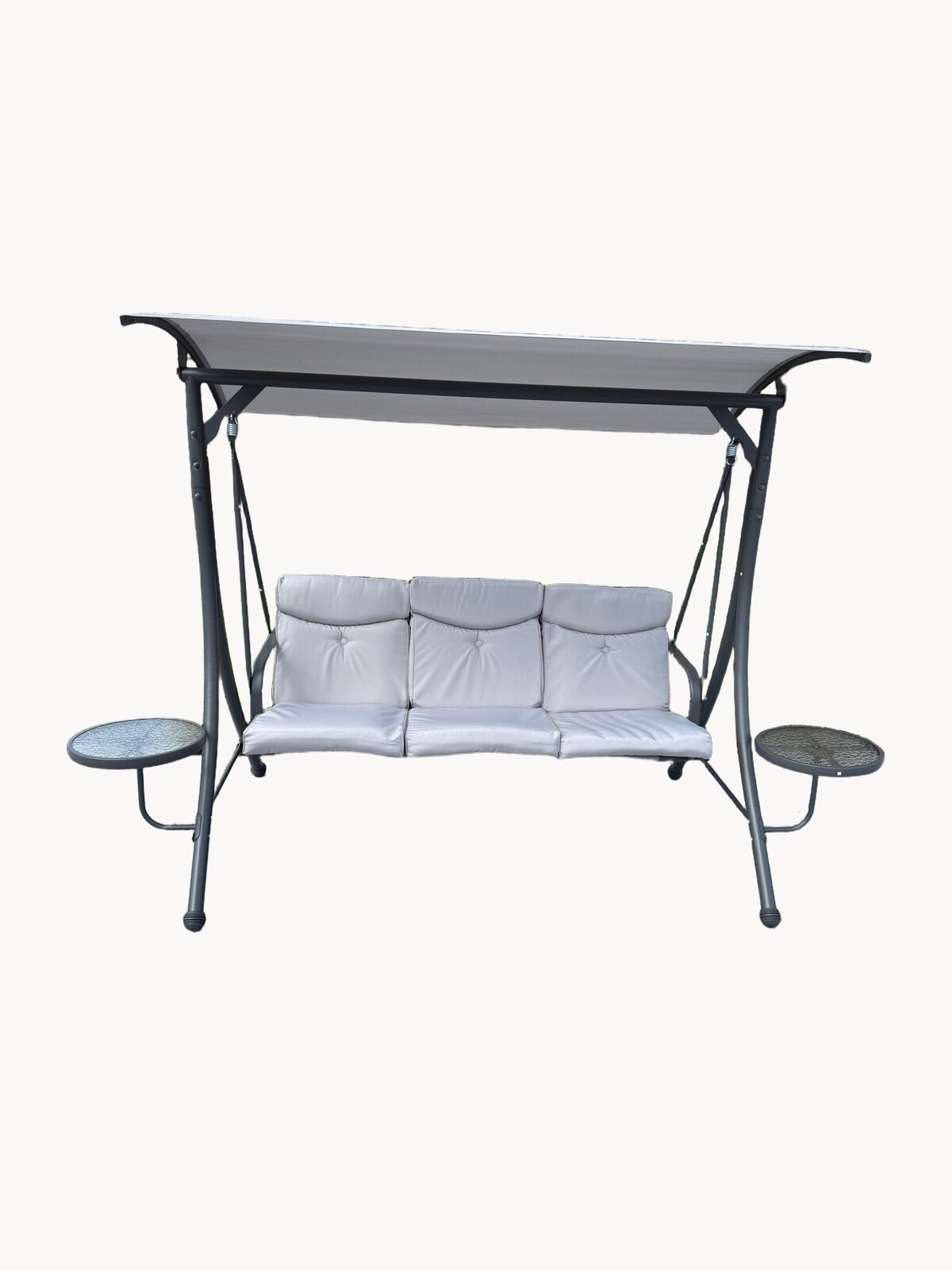 PREMIUM Садовые качели с навесом и боковыми столиками Full Comfort - SANREMO (подушки входят в комплект), серый цвет