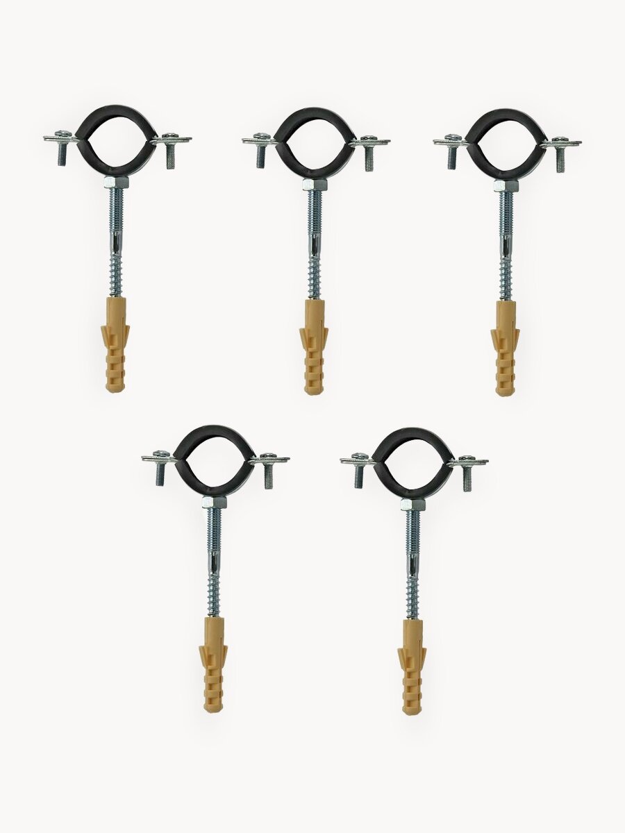 Хомут сантехнический 5 шт. 3/4" (25-28 мм) М8 оцинкованный, с резиновым уплотнителем, с шурупом и дюбелем