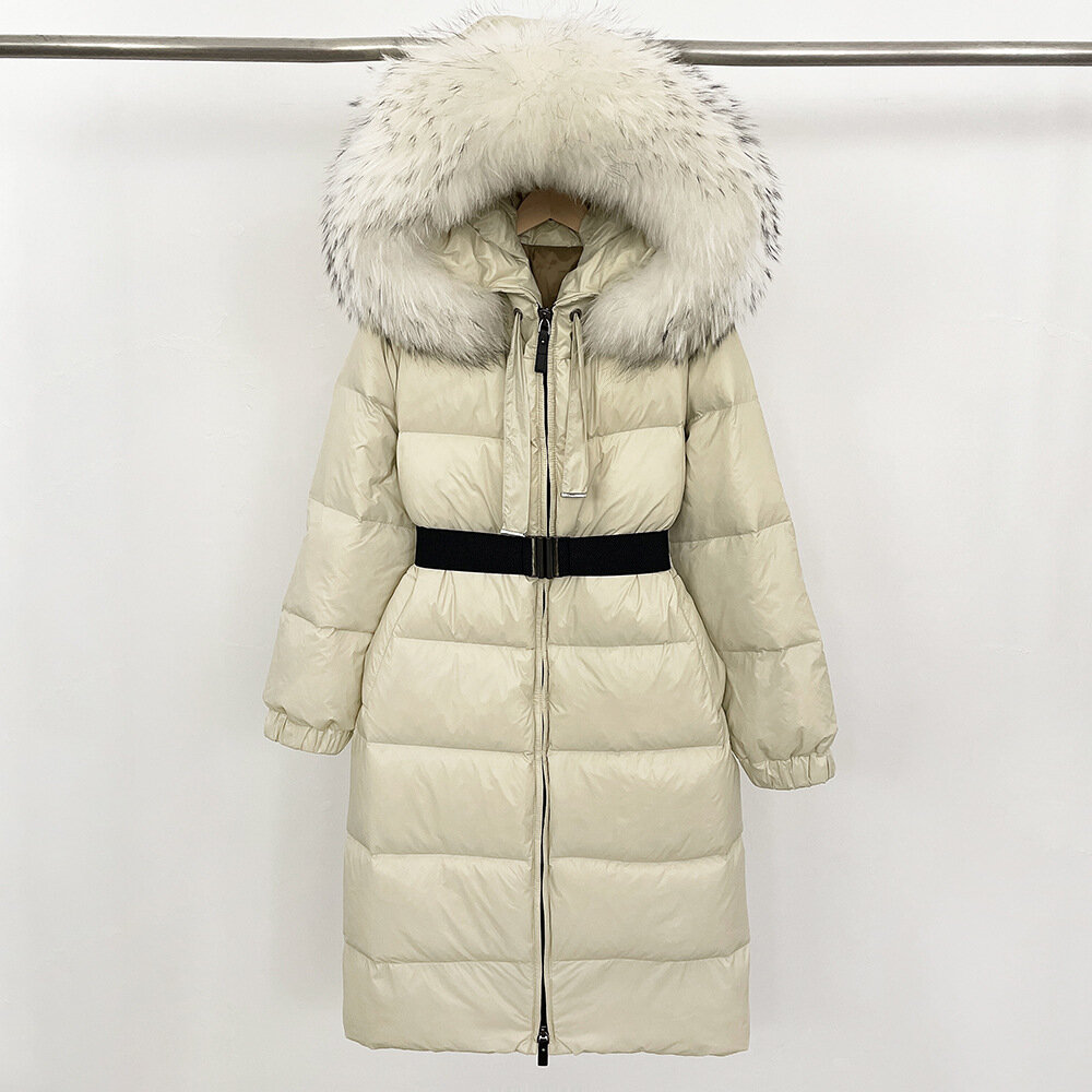 Зимняя длинная женская куртка-пуховик с большим меховым воротником и капюшоном, высококачественная куртка из белого утиного пуха, универсальное теплое пальто выше колена