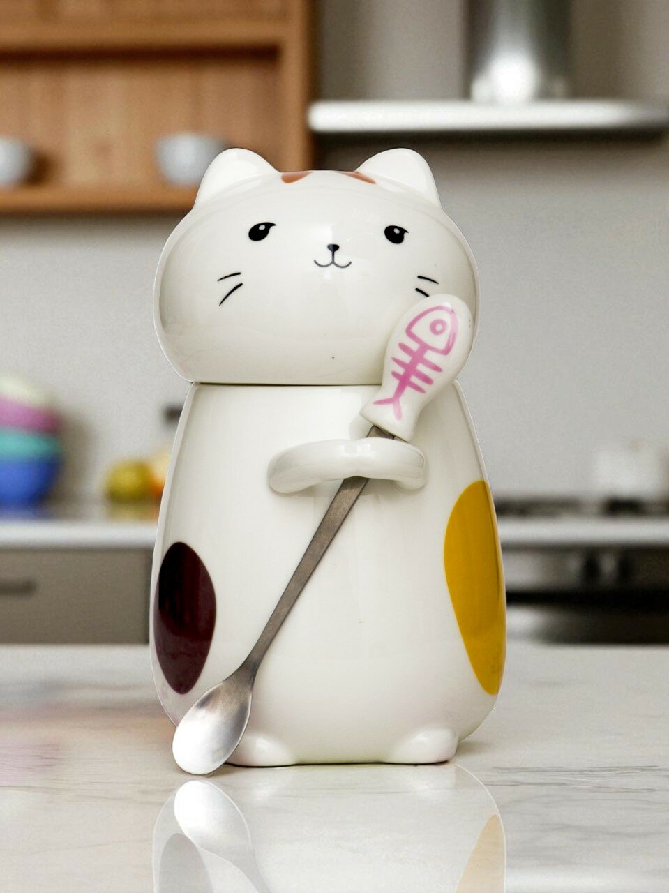 Кружка Кот с ложкой коричневый 360 мл Эврика (N 4), кружка с крышкой детская, женская, подарочная Котик, Котенок, Cat 23 февраля, 8 марта