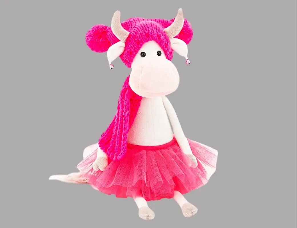 Мягкая игрушка Коровка Карамелька в платье цвета "фуксия", 25 см, ORANGE TOYS