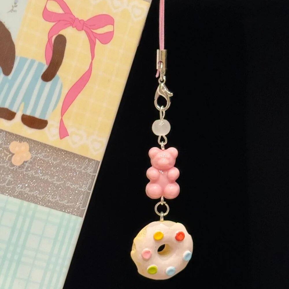 Kawaii милый розовый медведь пончик Телефон Подвеска для iPhone брелок цепочка Y2K очаровательный ремешок для женщин телефонные аксессуары Samsung камера сумка