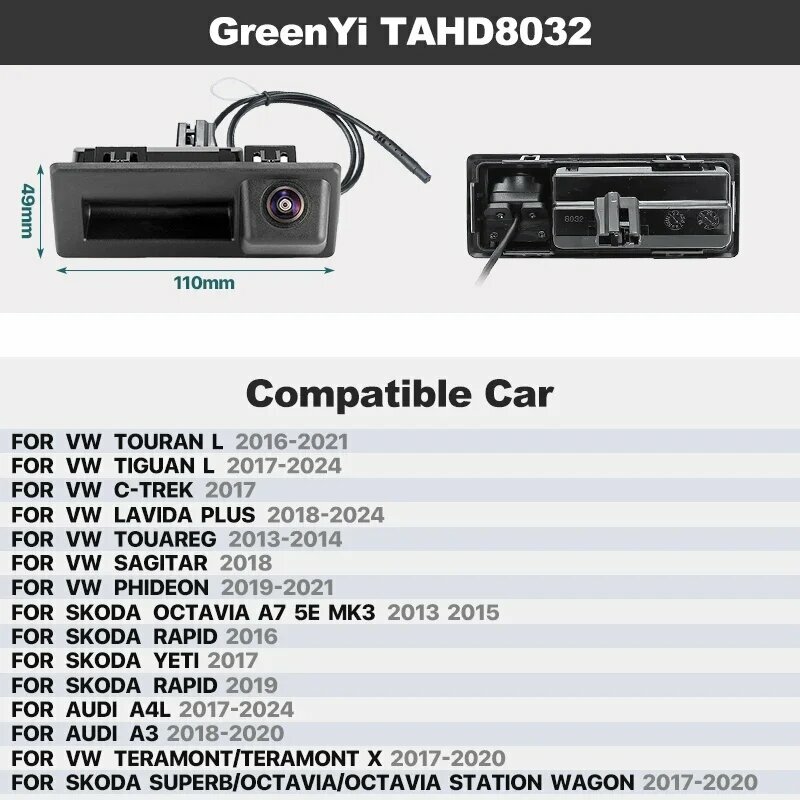 GreenYi AHD динамическая траекториальная камера на ручке багажника для VW Passat CC Golf Polo Jetta Cayenne Tiguan Skoda Octavia Fabia Yeti Audi, AHD1080P-CVBS, LS8032